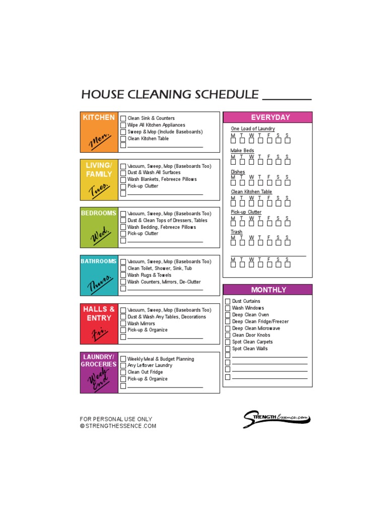 Free Printable House Cleaning Schedule Template A5 | PDF