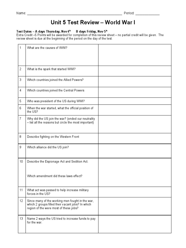 World History Unit 5 Review (WW1) | PDF