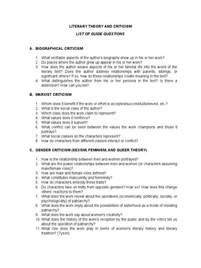 List of Guide Questions For Literary Theory and Criticism | PDF ...