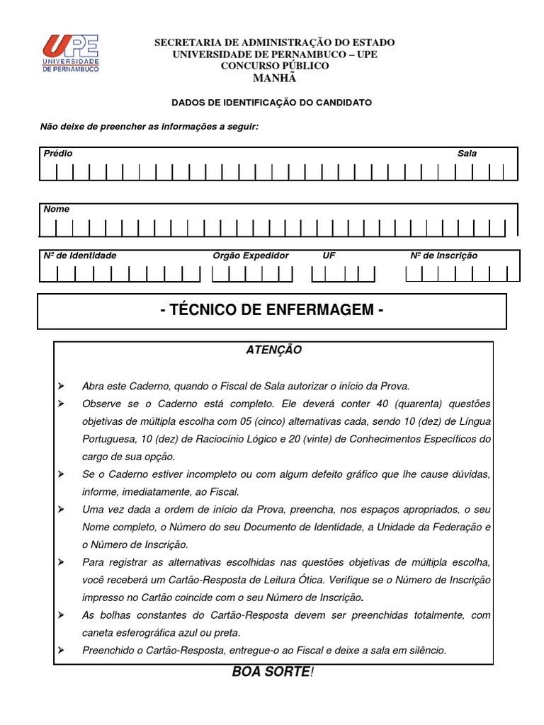 Upenet Iaupe 2017 Upe Tecnico em Enfermagem Prova Gabarito | PDF ...