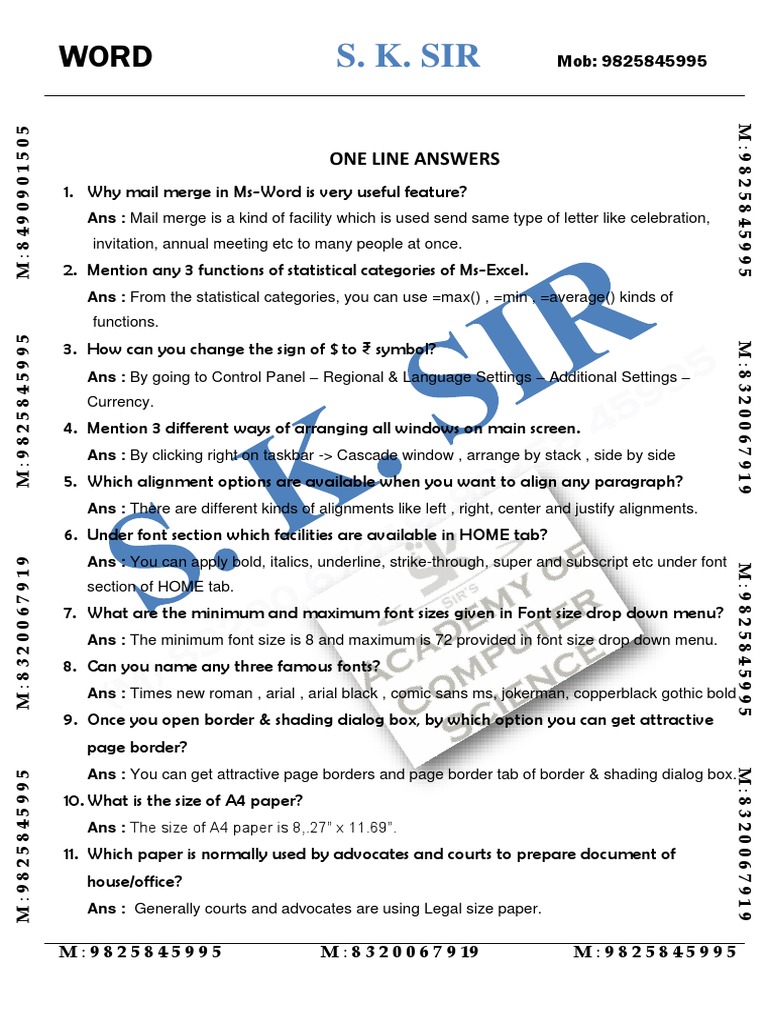 Material For Final Exam Preparation Including Word Excel Power