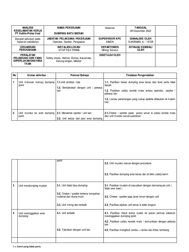 JSA UJI KOMPETENSI-Dumping | PDF | Teknologi & Rekayasa