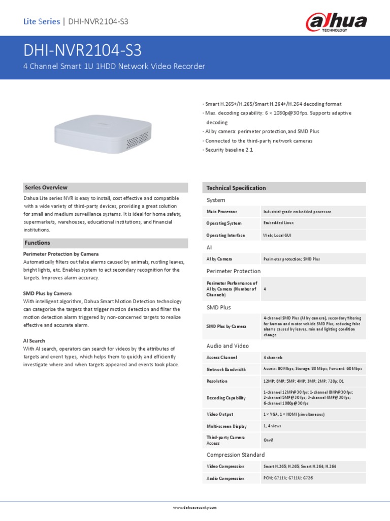 Fisa Tehnica NVR Dahua NVR2104-S3 | PDF | Artificial Intelligence | Intelligence (AI) & Semantics