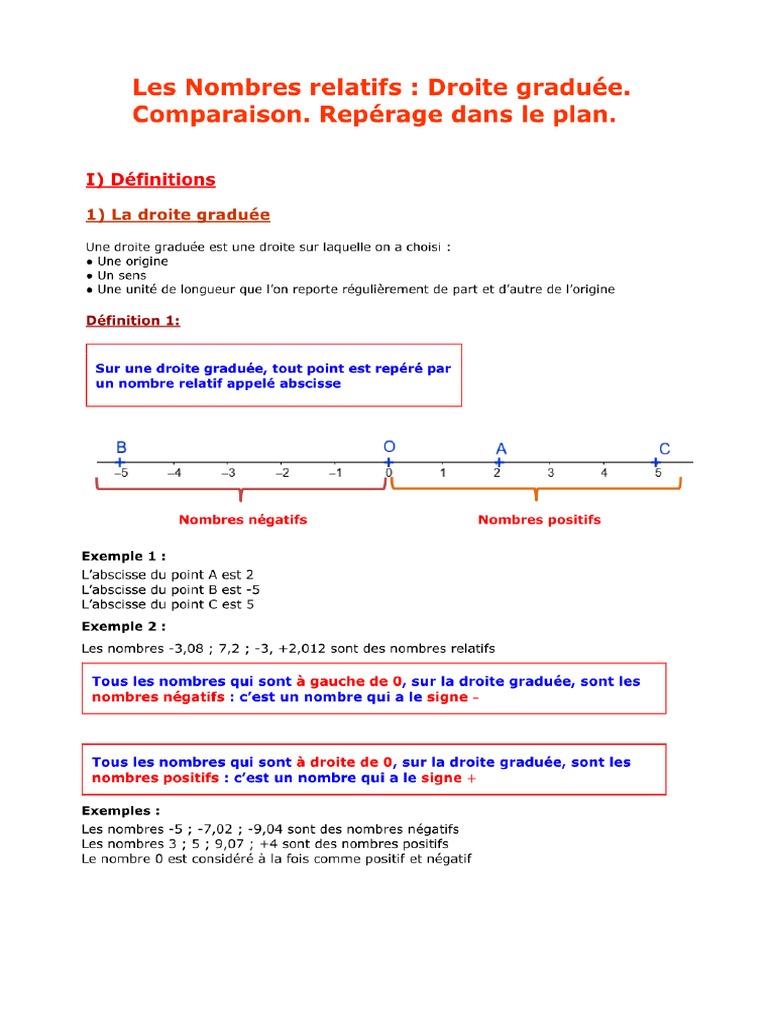 Les Nombres Relatifs, Repérage | PDF