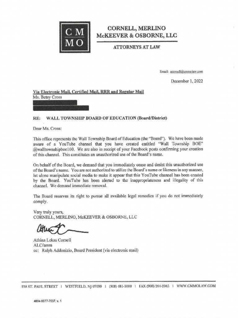 Wall BOE Betsy Cross Letter | PDF