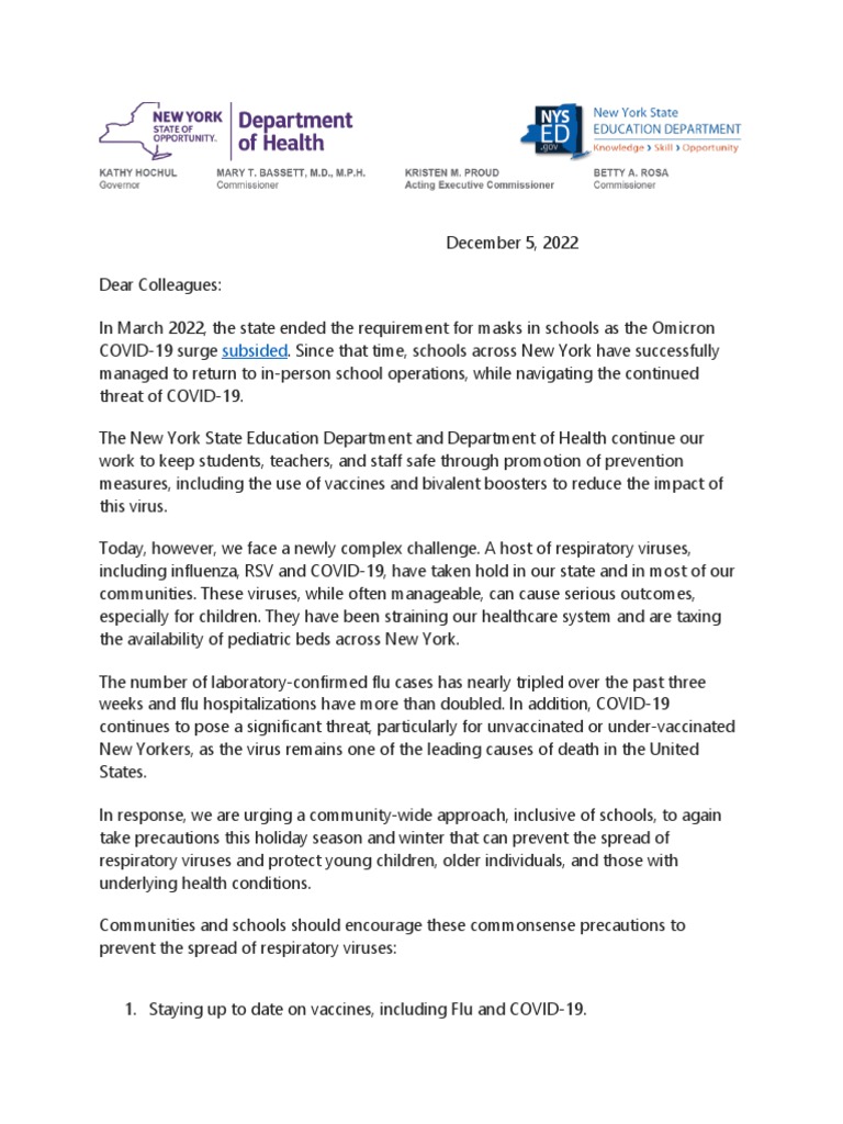 Nysed Nysdoh Joint Letter Precautions Winter 2022 23 | PDF | Influenza ...