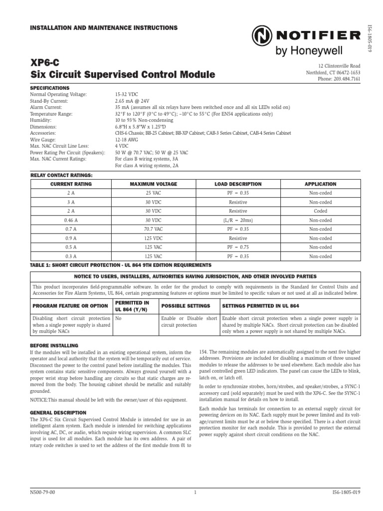 XP6-C Six Circuit Supervised Control Module: Installation and ...