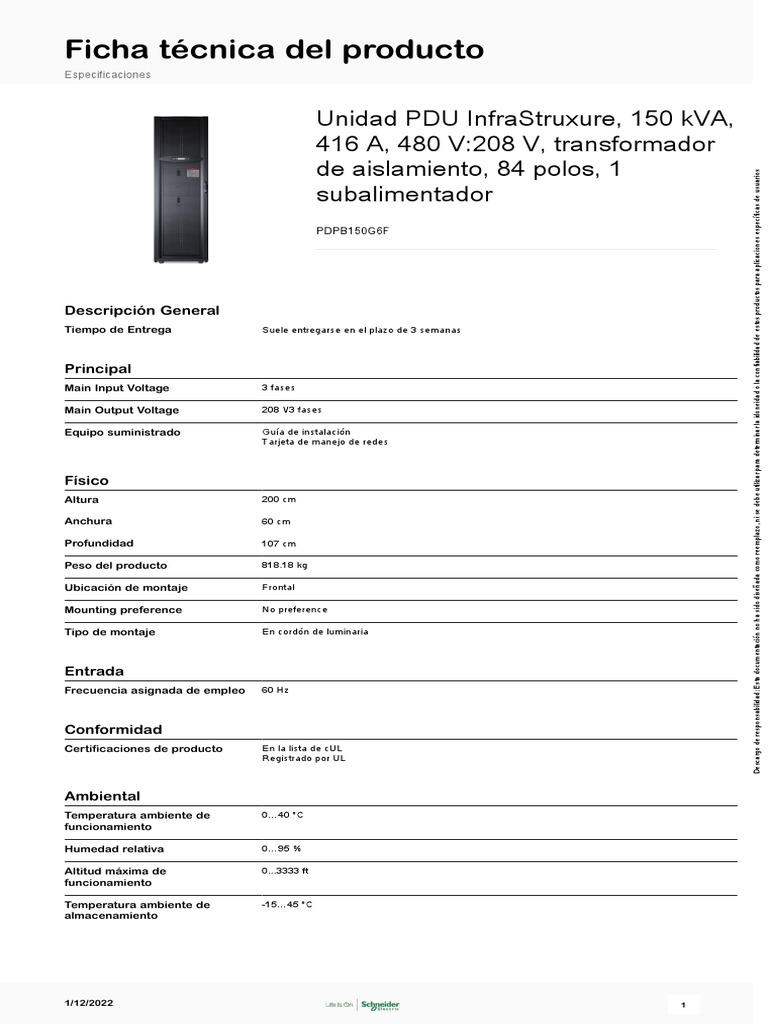 Schneider 0g-Pdpb150g6f Ficha Tecnica | PDF