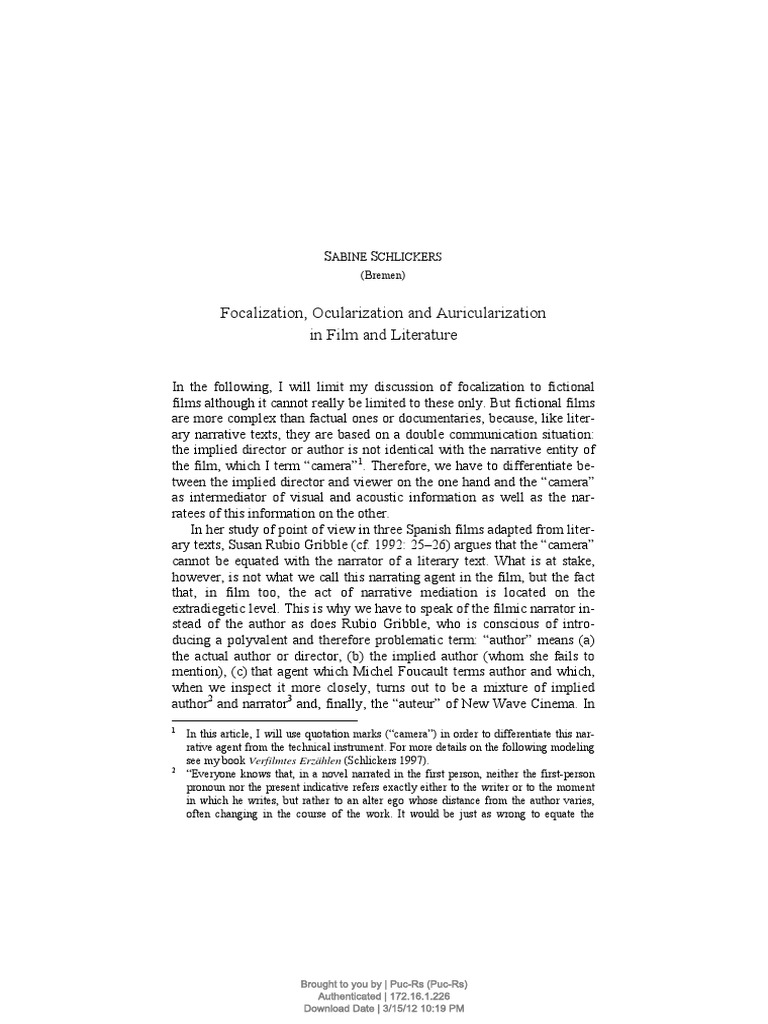 Focalization and Perspective in Film Analysis | PDF | Narrative | Narration