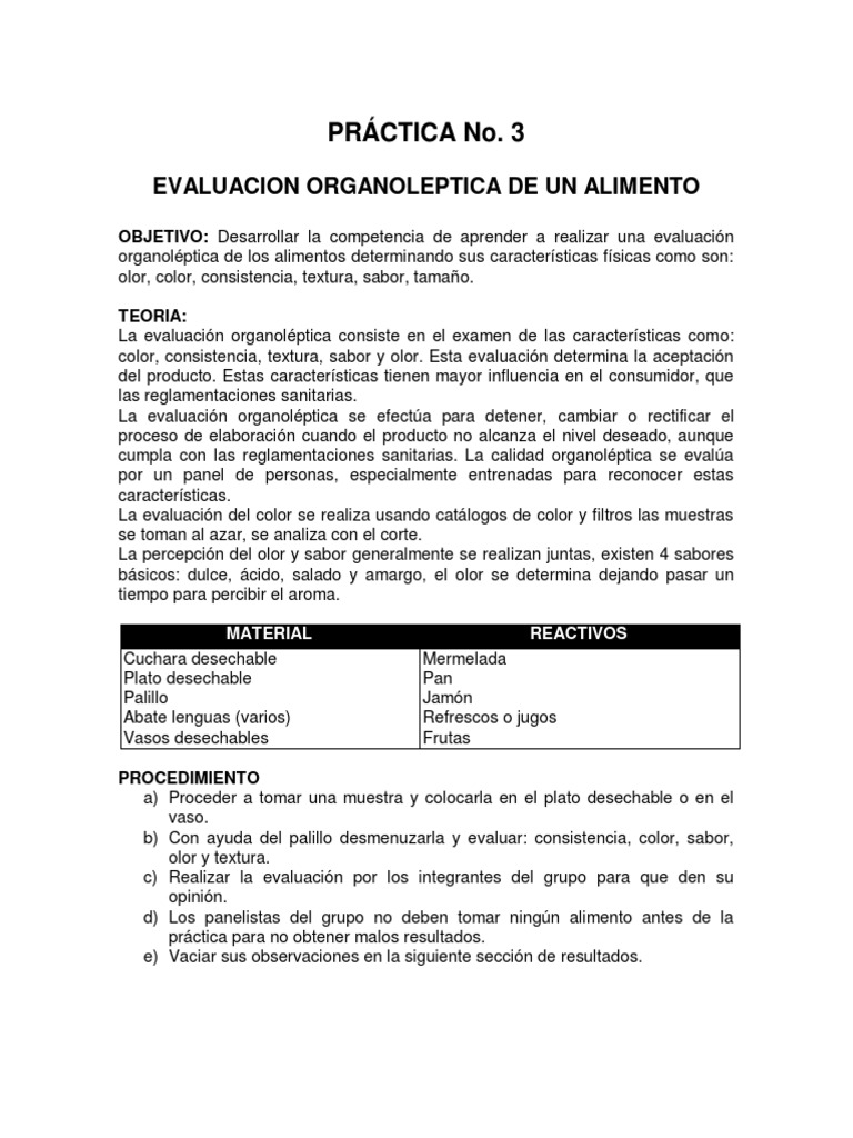 PRÁCTICA N1 3 Evaluacion Organoléptica | PDF | Alimentos | Evaluación