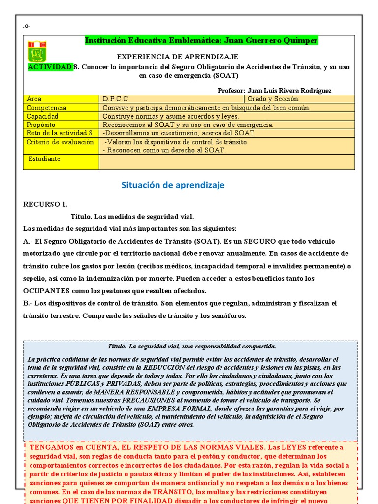 ACTIVIDAD 8. EXPERIENCIA de APRENDIZAJE IV BIMESTRE. | PDF | Seguridad vial | Seguro