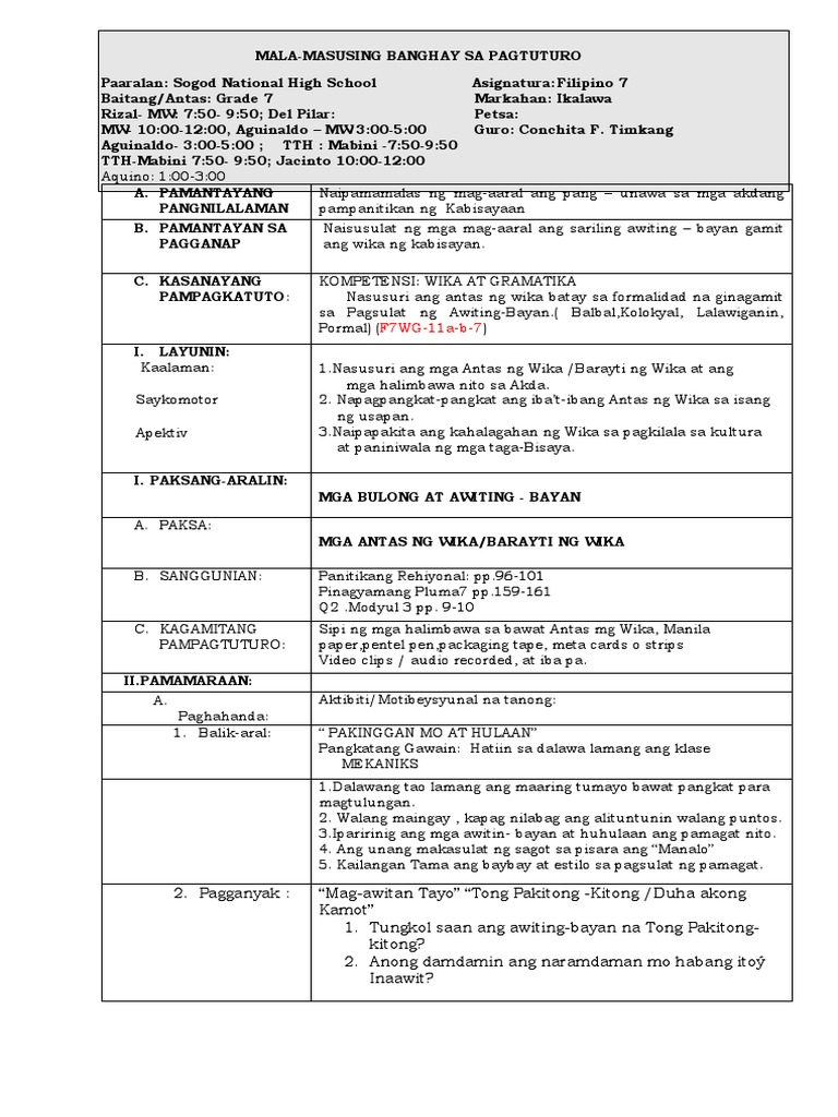 Daily Lesson Log Filipino7 Kwarter 2 | PDF