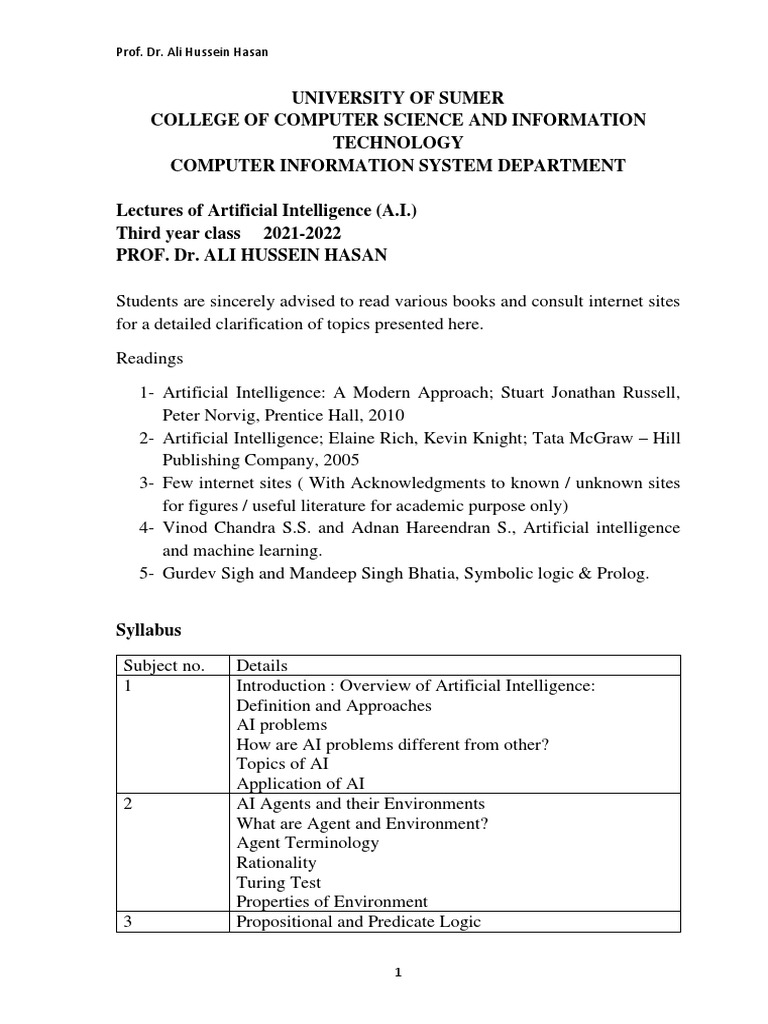 Remarks - AI - LECTURES - DR ALI HUSSEIN HASAN - Upload by Diaa Saed | PDF | Intelligence (AI ...
