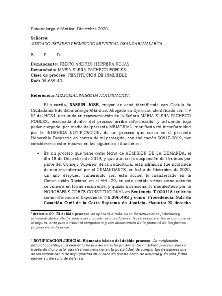Memorial Indebida Notificacion | PDF | Debido al proceso | Caso de ley