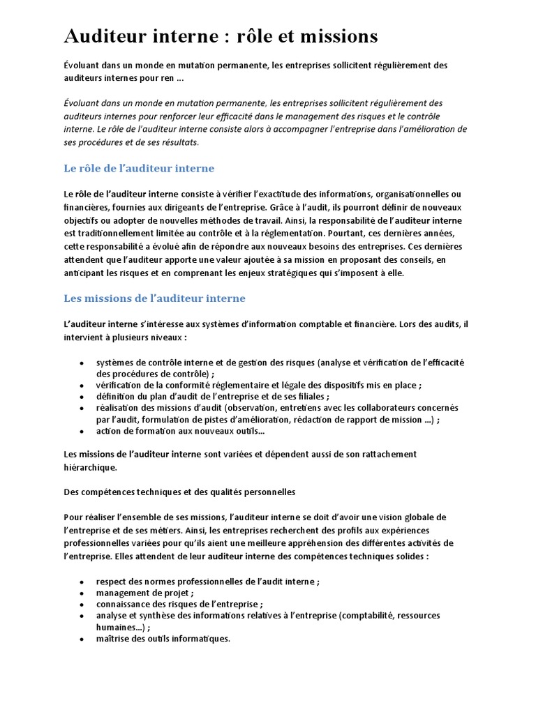 Auditeur Interne - Rôle Et Missions | PDF | Audit | Business