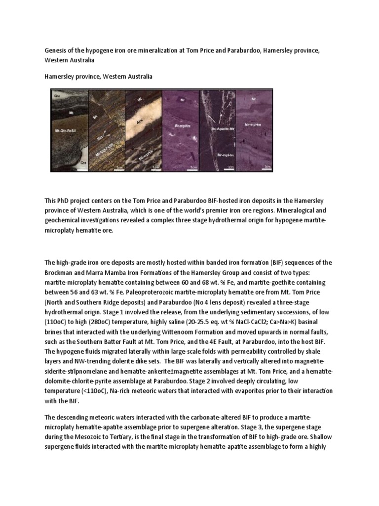 Genesis of The Hypogene Iron Ore Mineralization at Tom Price and ...