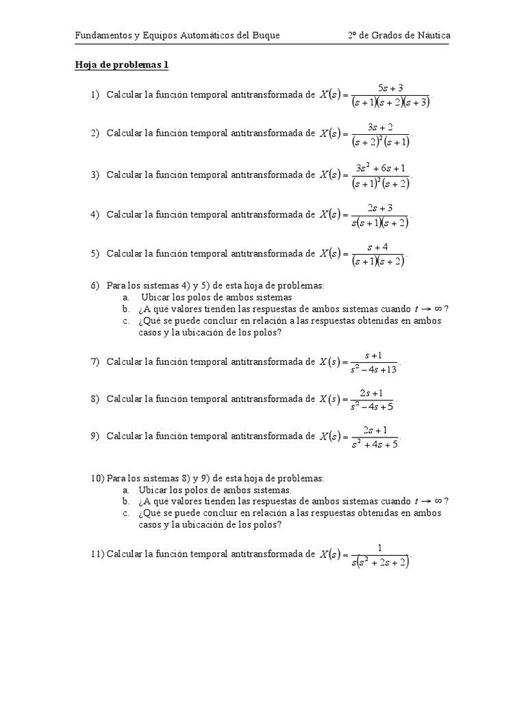 Control Automático de Sistemas. ULL. Tema 2 Ejercicios | PDF | Matemáticas | Objetos matemáticos