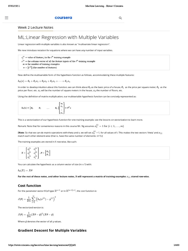 ML Course Notes: Linear Regression | PDF | Matrix (Mathematics) | Equations