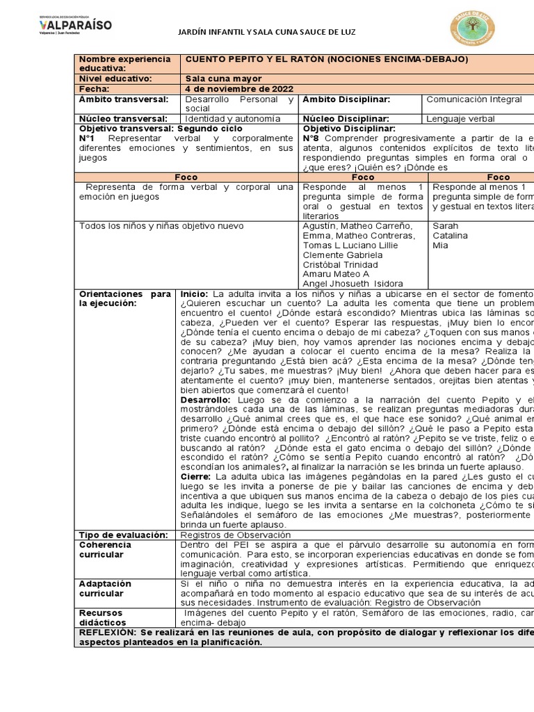 Planificacion CUENTO PEPITO Y EL RATÓN | PDF | Educación de la primera ...