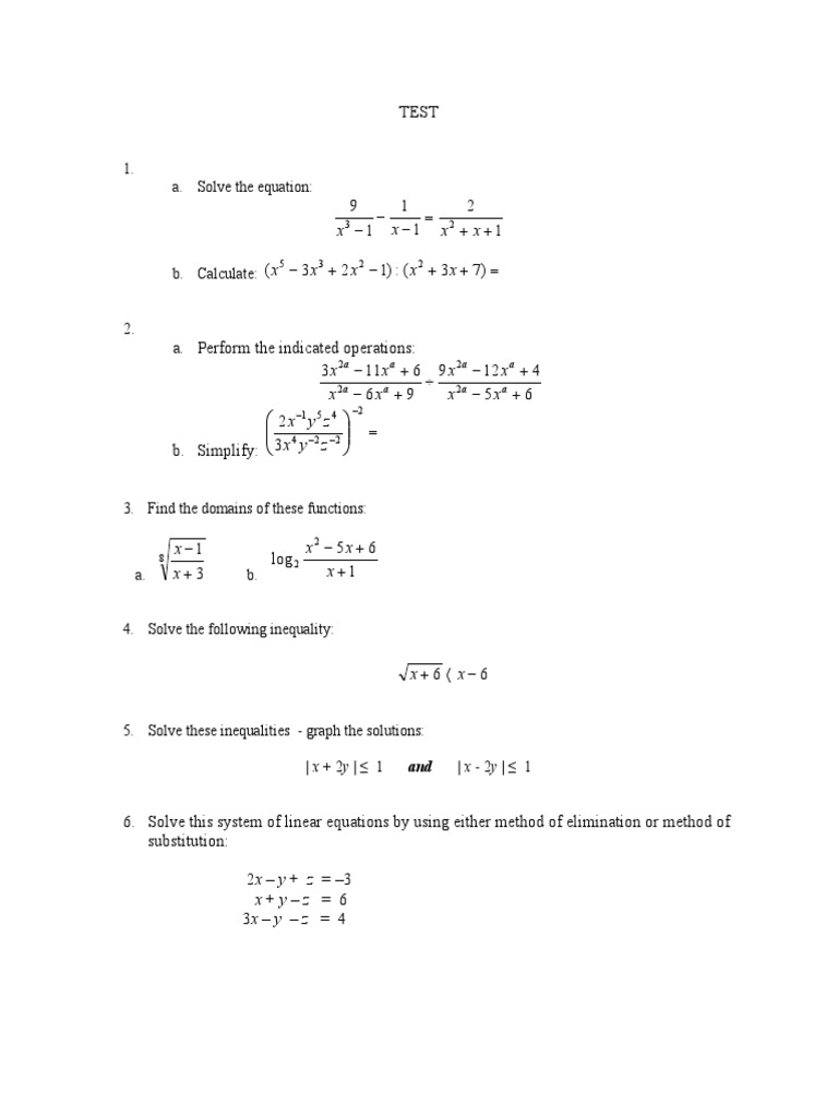 Preliminary Test Pdf Equations Algebra