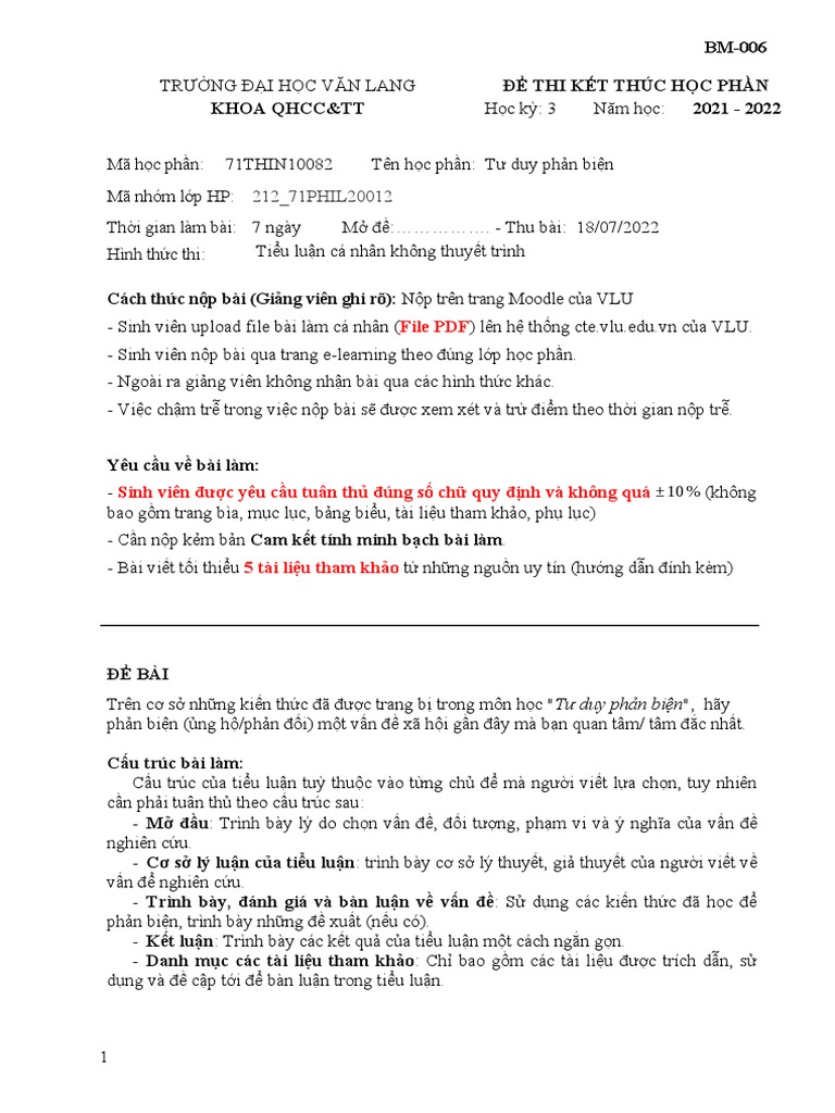 Đề thi cuối kì Tư duy phản biện - HK3 | PDF