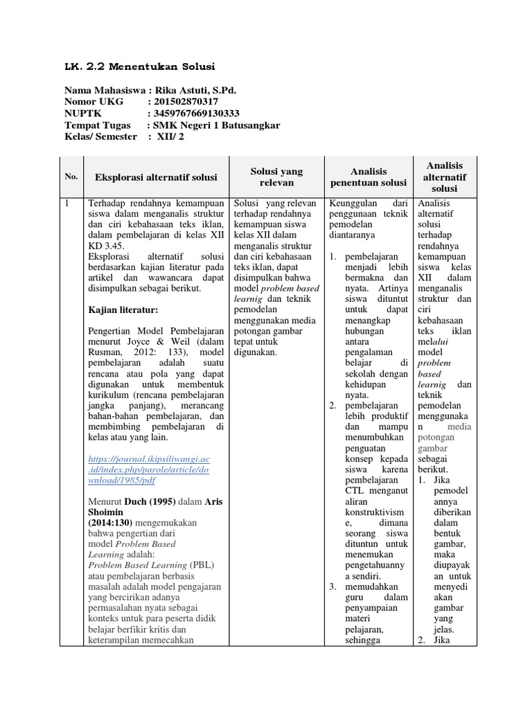 LK. 2.2 Menentukan Solusi (Rika Astuti, S.PD.) | PDF | Seni | Komputer