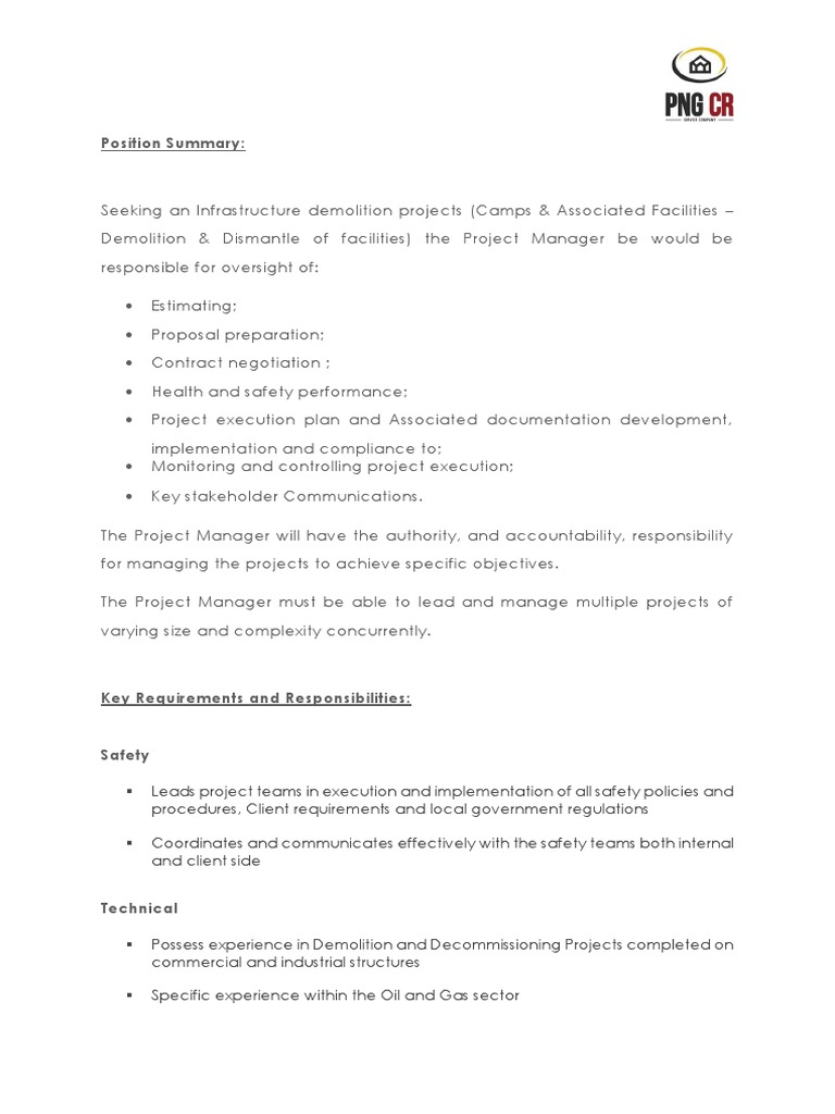 Project Manager - Demolition JD | Download Free PDF | Procurement ...