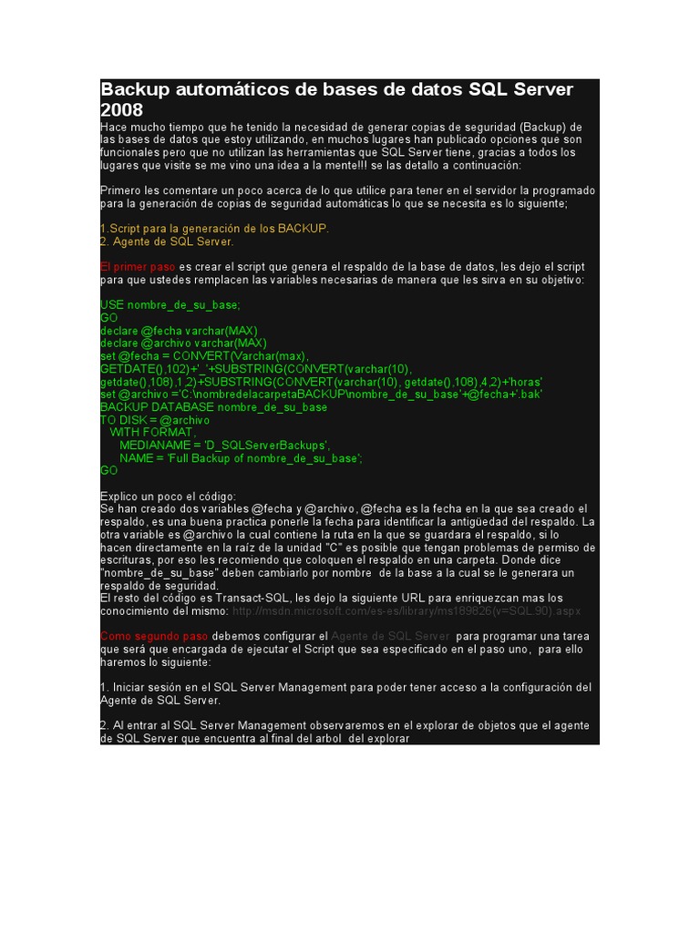 Backup Automáticos de Bases de Datos SQL Server 2008 | PDF | Servidor ...