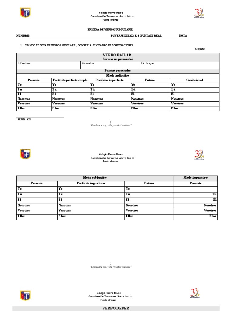 Prueba De Verbos Regulares Pdf Verbo Lingüística