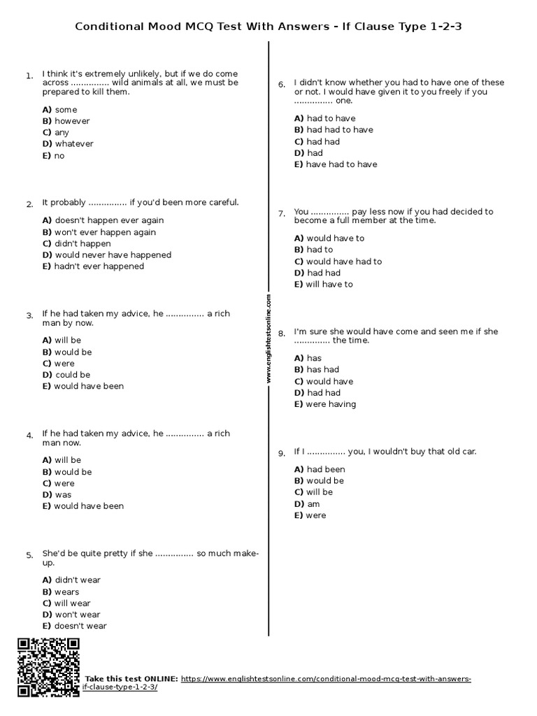 554 - Conditional Mood MCQ Test With Answers If Clause Type 1 2 3 | PDF ...