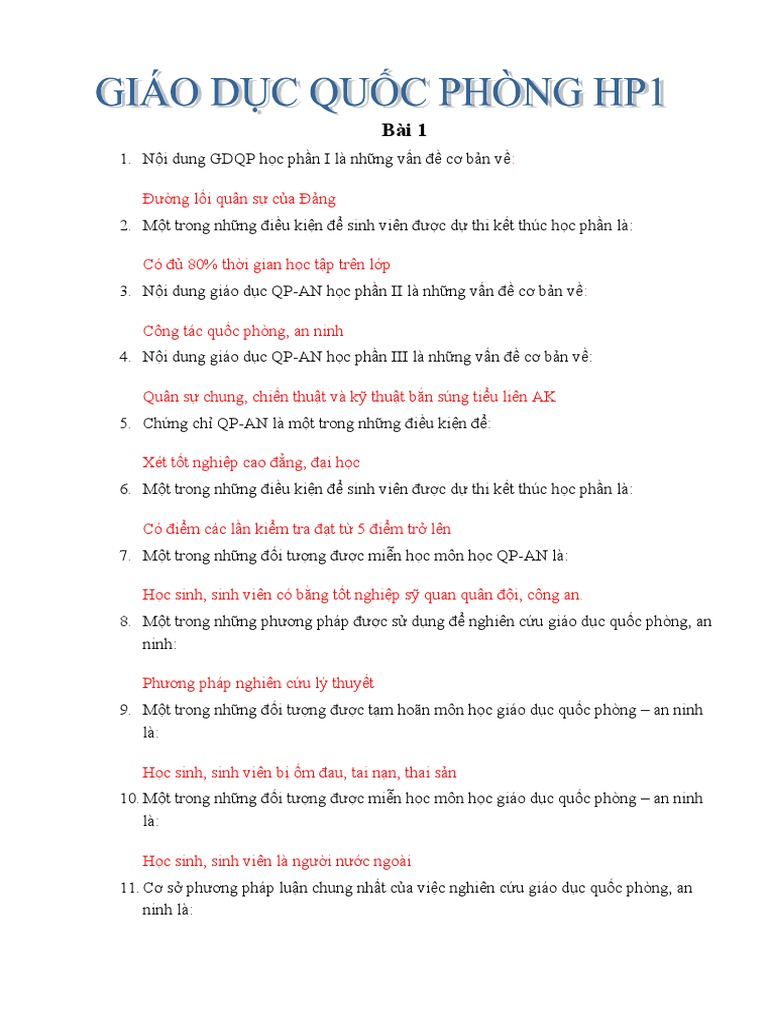 Trắc nghiệm GDQP HP1 bài 1 4 | PDF