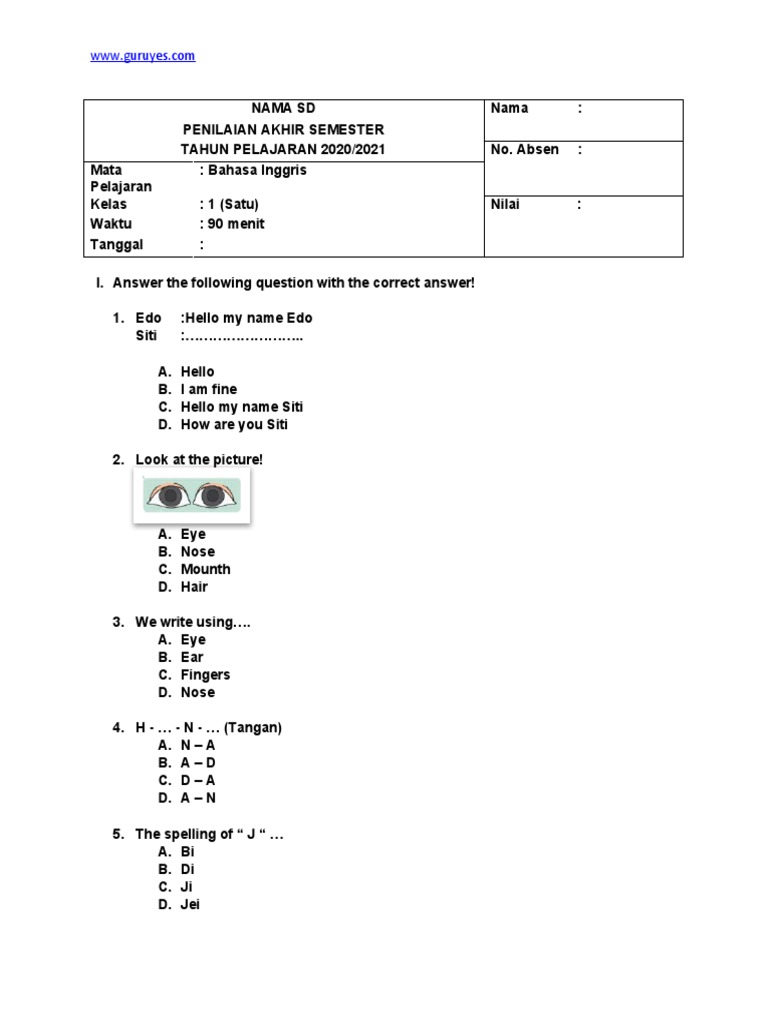 Soal Pas Kelas 1 | PDF