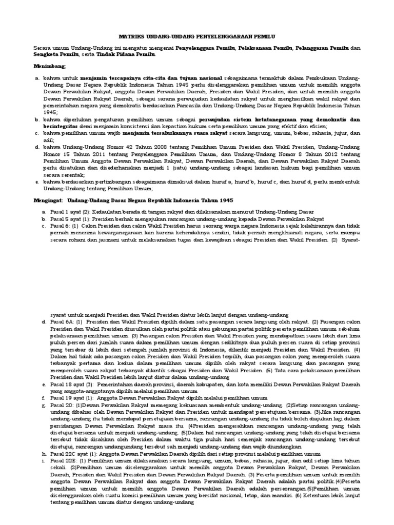 Matriks Undang Undang Pemilu 2 | PDF