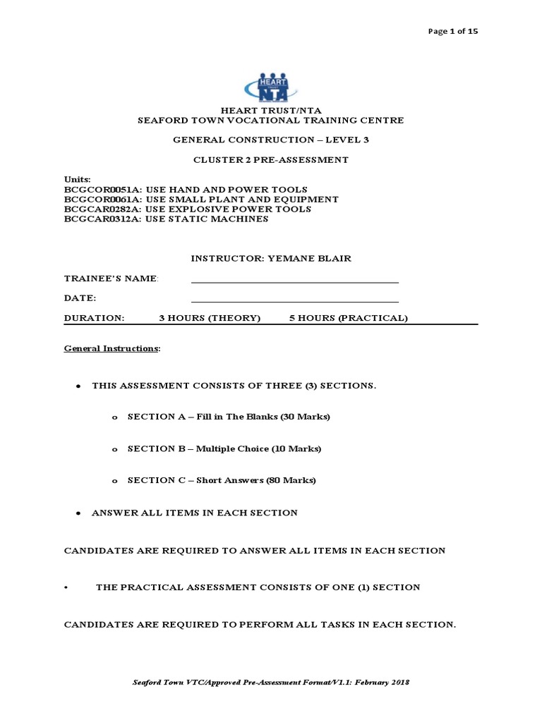 Pre-Assessment for Cluster 2 Units in General Construction - Level 3 ...