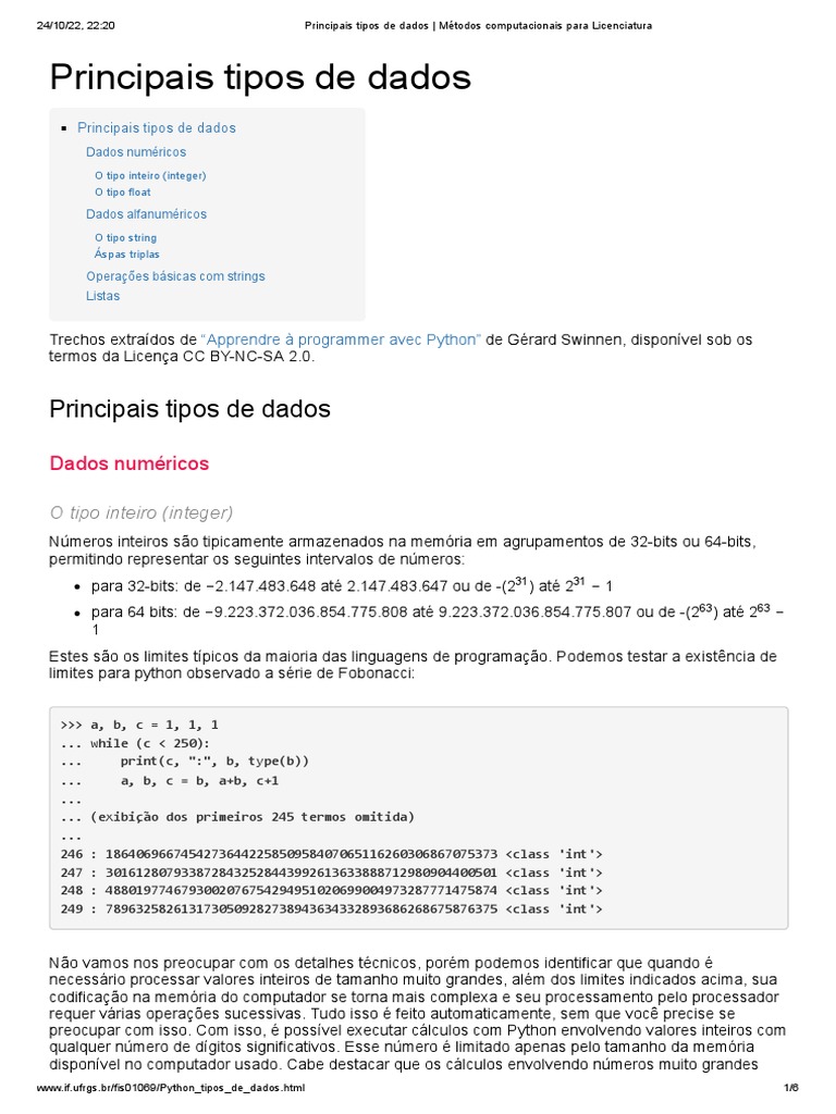 Principais Tipos De Dados Métodos Computacionais Para Licenciatura Pdf String Ciência Da 