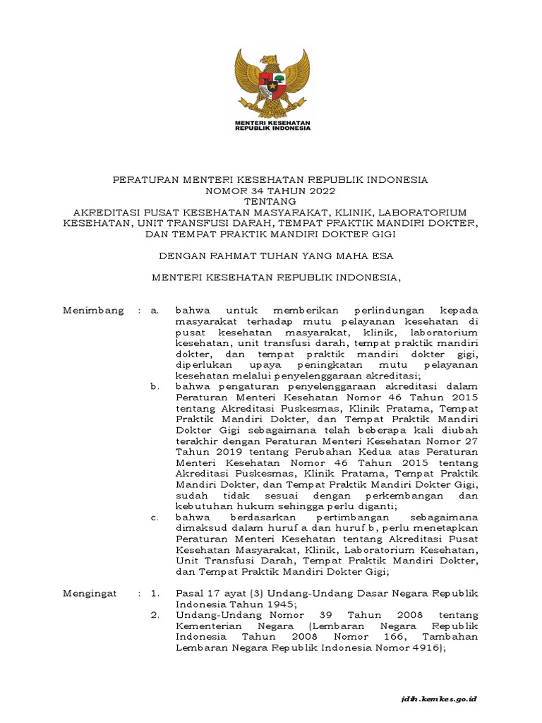 PMK No. 34 TH 2022 TTG Akreditasi Puskesmas, Klinik, Laboartorium Kesehatan, Unit Transfusi ...