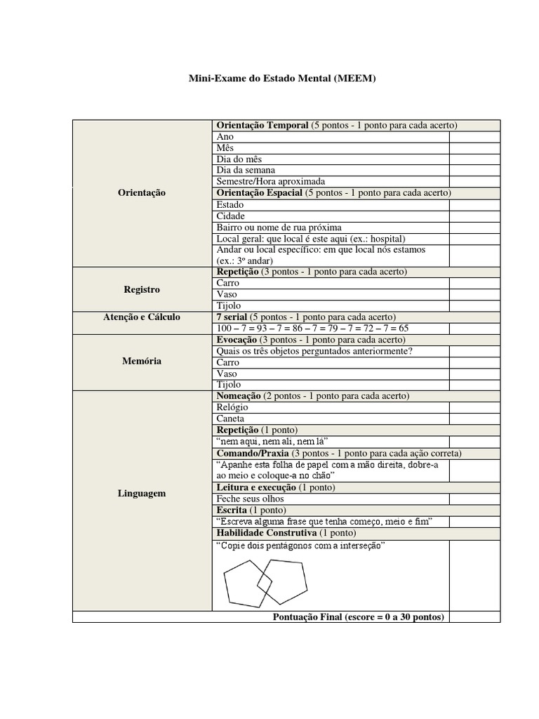 Mini-Exame Do Estado Mental (MEEM) | PDF