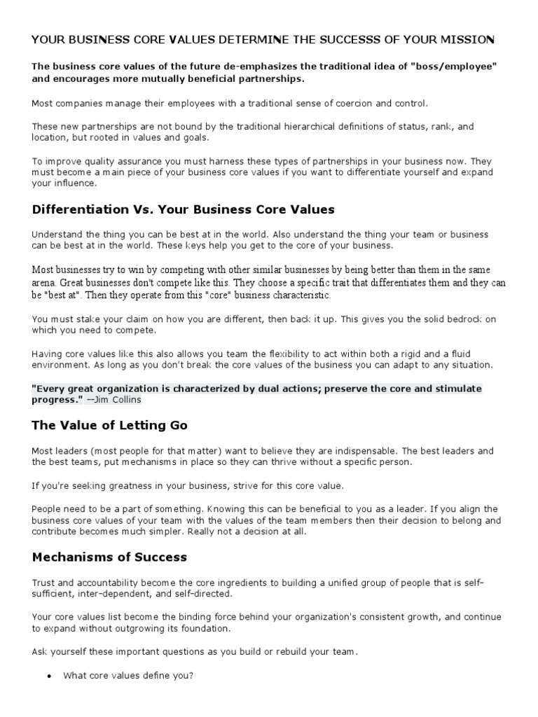 Core Values for Business Success | PDF | Communication | Leadership