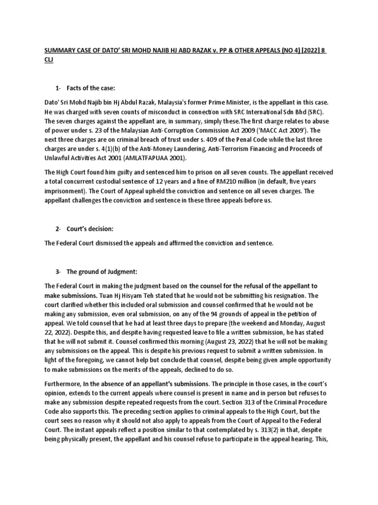 Summary Case of Dato Sri Mohd Najib | PDF | Appeal | Najib Razak