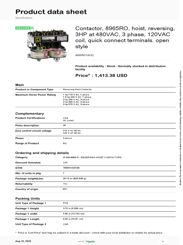 Class 8965 Definite Purpose Reversing - Hoist Contactors - 8965RO10V02 ...