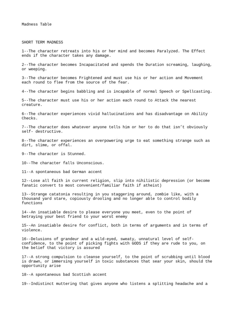 Madness Table | PDF