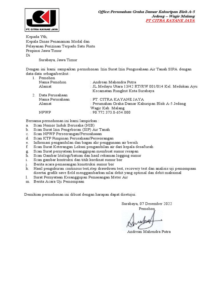 Surat Permohonan SIPA KL Dpmpts Jatim | PDF