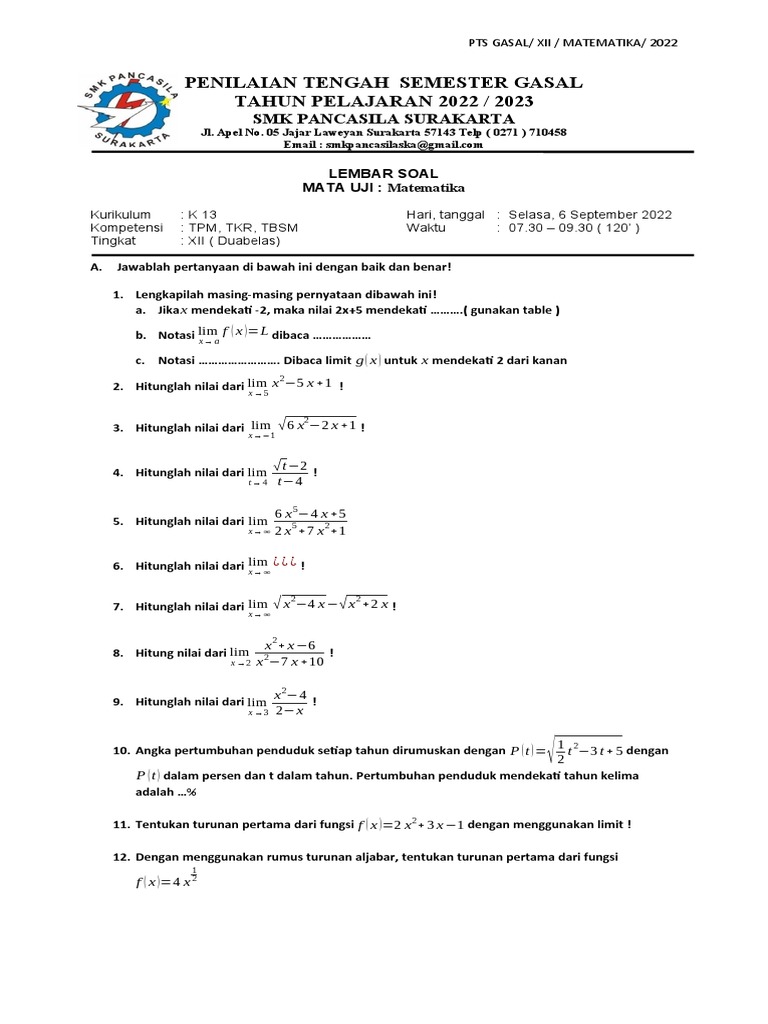 SOAL PTS Math ESSAY 2022 | PDF