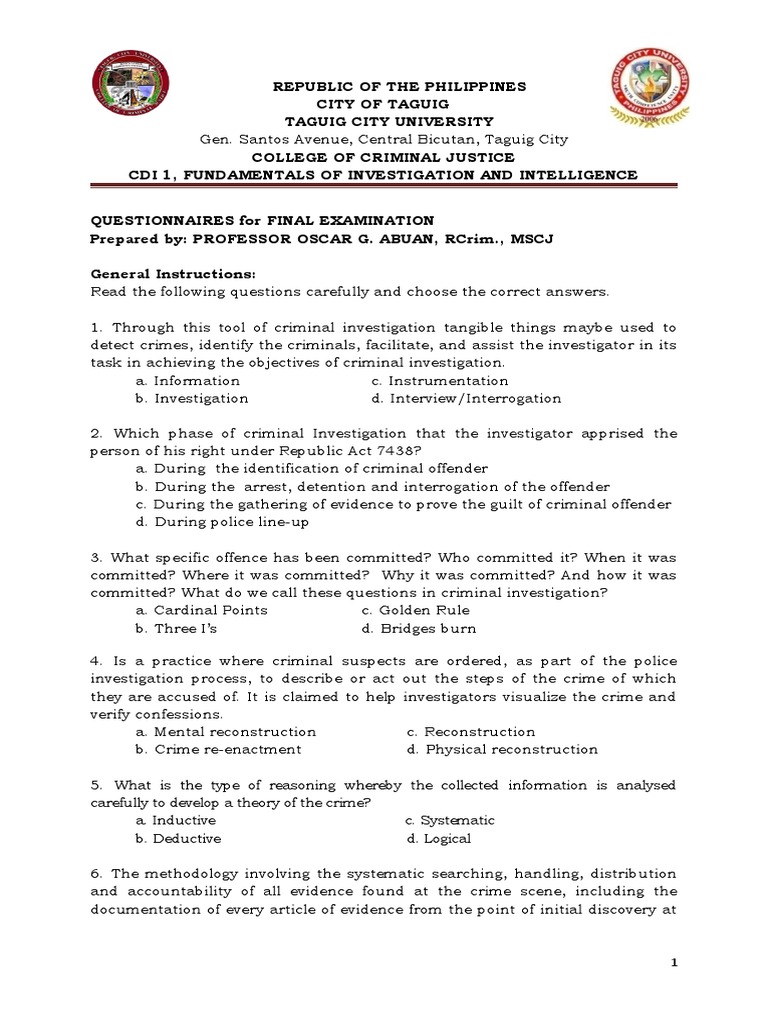 TCU Docs Final Exams. CDI 1 Fundamentals of Investigation and Intelligence | PDF