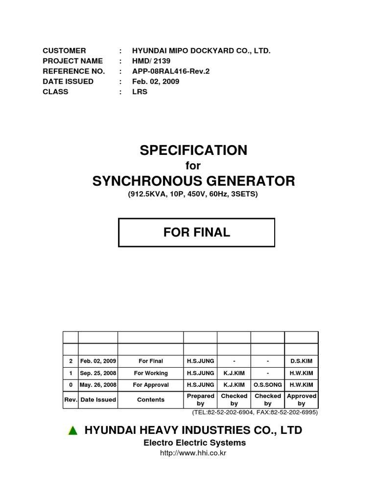 Specification For Hyundai Synchronous Generator | PDF | Electric ...