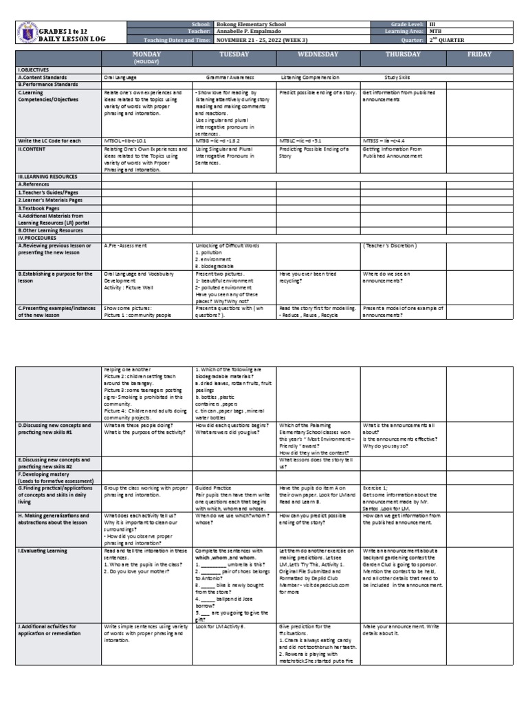 DLL - MTB 3 - Q2 - W3 | PDF | Recycling | Linguistics