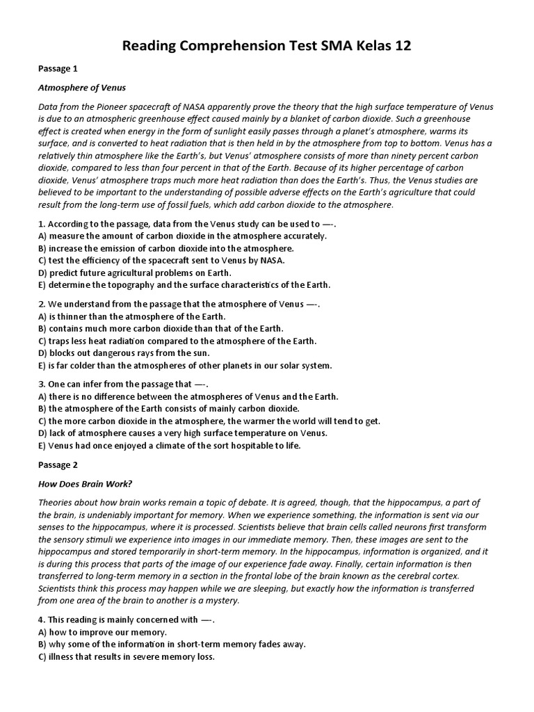 Reading Comprehension Test SMA Kelas 12 | PDF | Memory | Atmosphere Of ...