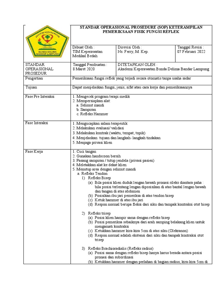 SOP Pemeriksaan Fisik Fungsi Reflek | PDF