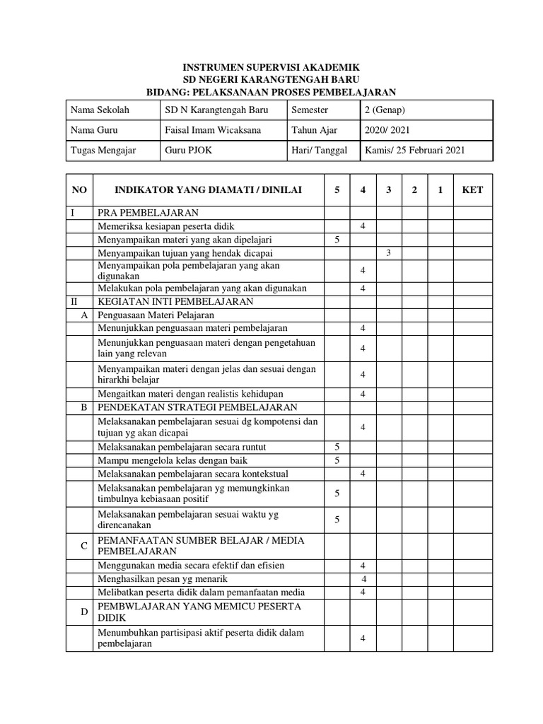 Instrumen Supervisi Pelaksanaan Pembelajaran | PDF