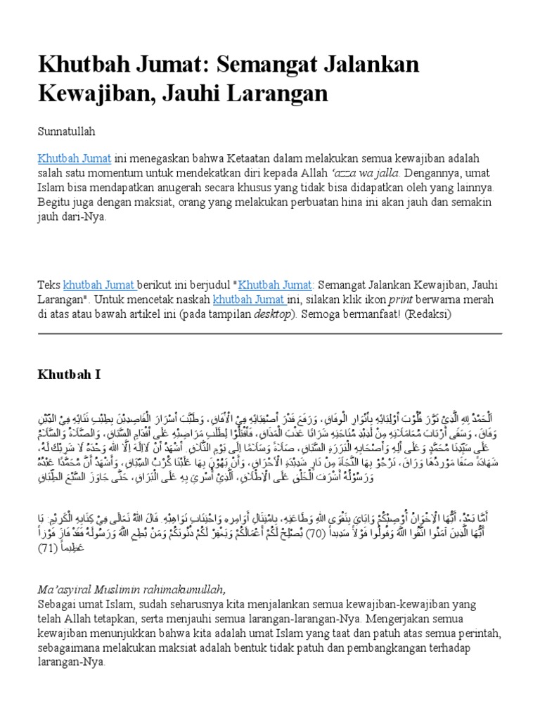 Khutbah Jumat Semangat Jalankan Kewajiban, Jauhi Larangan NU Online | PDF